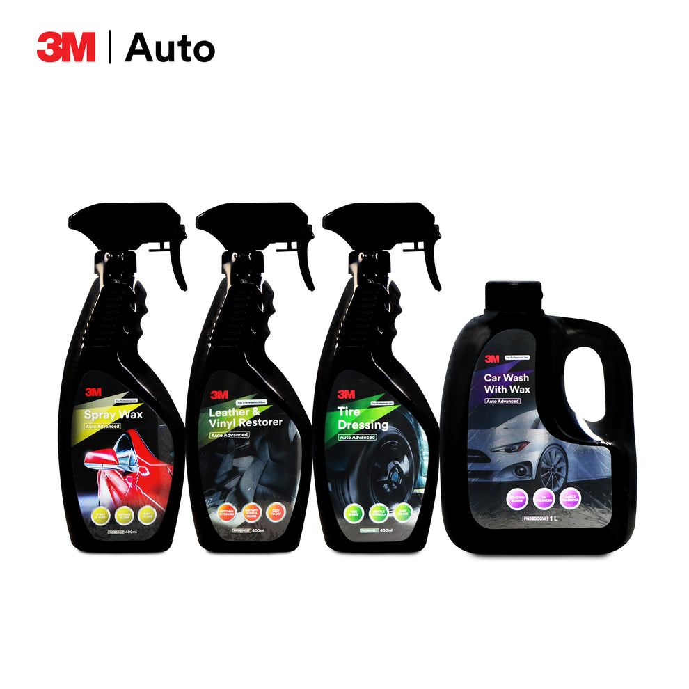 3M Autocare Set (Tire Dressing, Spray Wax, Wash and Wax, Leather and V ...
